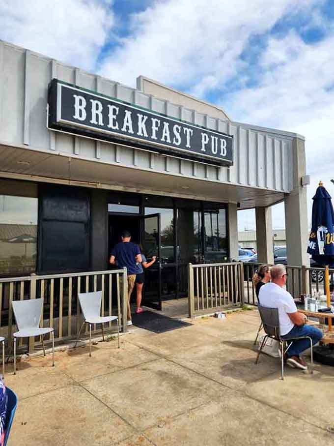 The entrance to happiness looks surprisingly modern, with a patio that beckons on beautiful mornings.