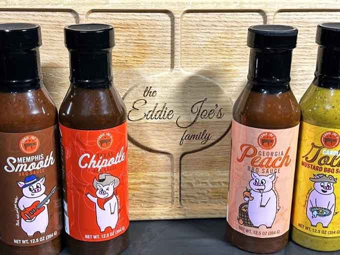 House-made BBQ sauces with playful pig mascots because even condiments deserve to have some personality.
