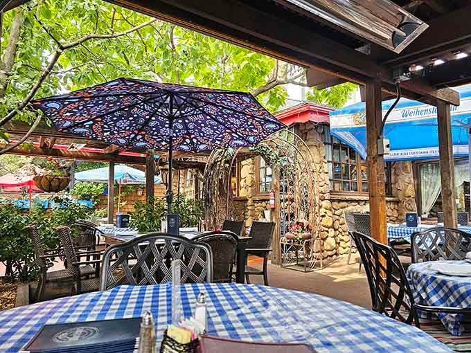 Blue-checkered tablecloths in the beer garden, where eating outdoors feels like a Bavarian vacation without the airfare.