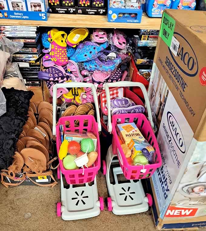 Toy shopping carts filled with play food means the next generation of bargain hunters is already in training.