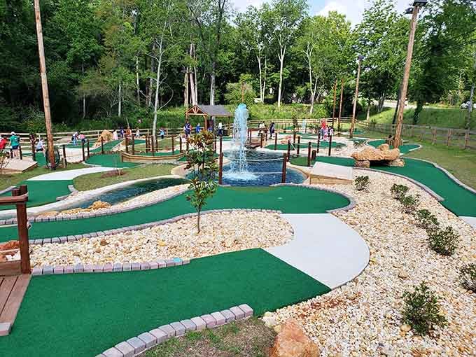 The combination of fountains, landscaping, and well-maintained greens creates an unexpectedly serene putting environment throughout.