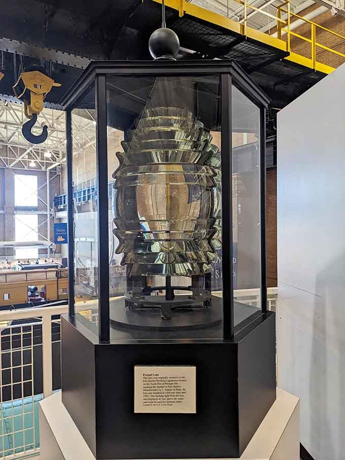 The massive Fresnel lens once beamed light across miles of dark water, saving countless ships from rocky disasters.