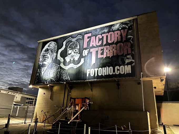 The exterior sign glowing ominously against the night sky is your last chance to turn back.