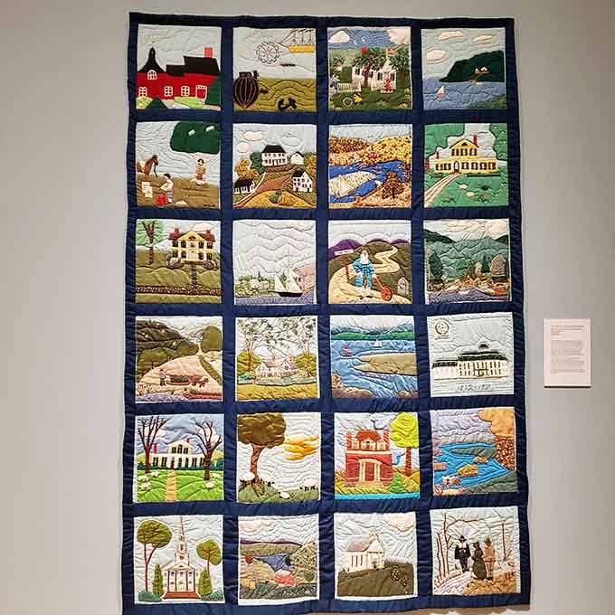 This handcrafted quilt showcasing local landmarks demonstrates that artistic expression here extends far beyond oil paintings and canvases.