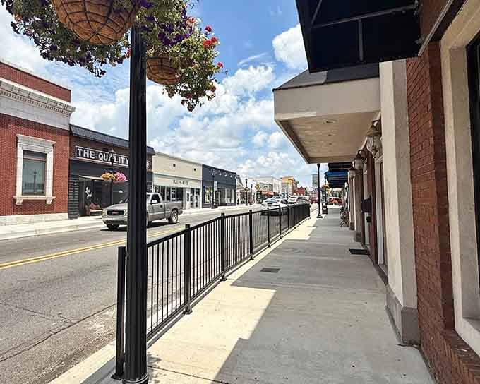 Hanging flower baskets and clean sidewalks show a downtown that takes pride in presentation without pretension or astronomical parking meter fees.