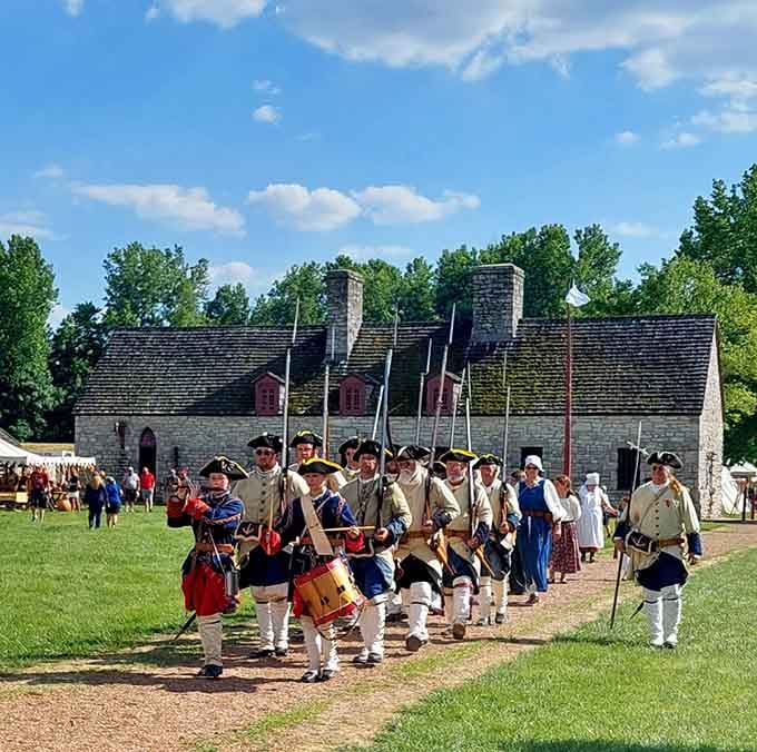 Reenactors in period uniforms march through the fort during special events, bringing 18th-century military life vividly back to life.
