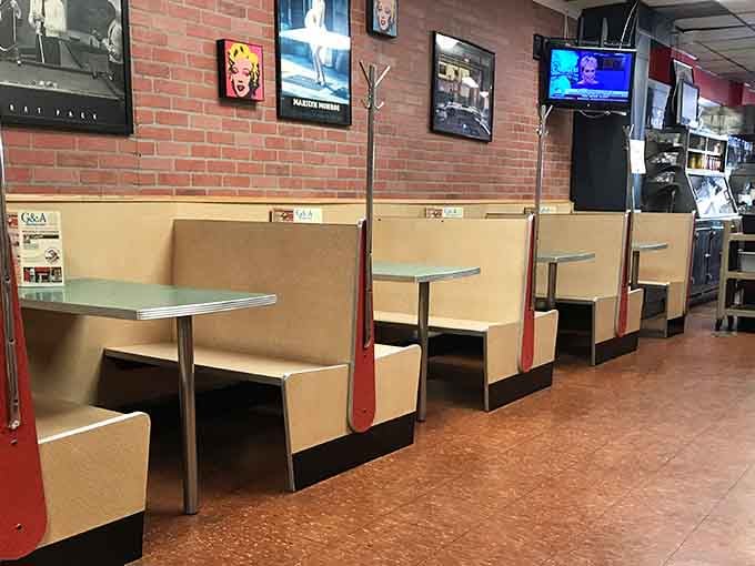 Booth seating with enough room to spread out your newspaper and settle in for a proper meal.