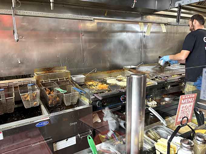 The kitchen where all the breakfast magic happens, complete with griddles working overtime to keep Springfield properly fed.