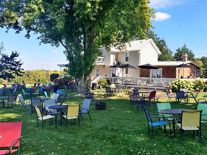 Galena Cellars' outdoor seating area invites you to sip wine under trees older than your mortgage.