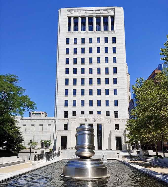 The Ohio Judicial Center towers above like it's supervising its giant gavel, making sure it behaves in public.