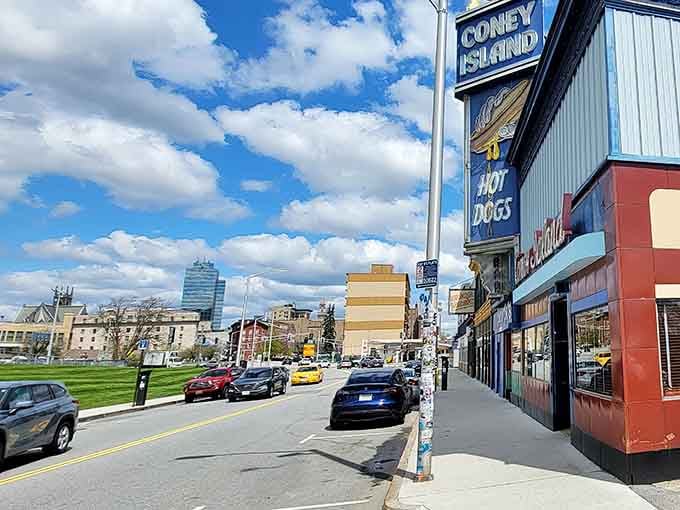The street view shows George's holding its own on Southbridge Street, a colorful beacon of authenticity in modern Worcester.