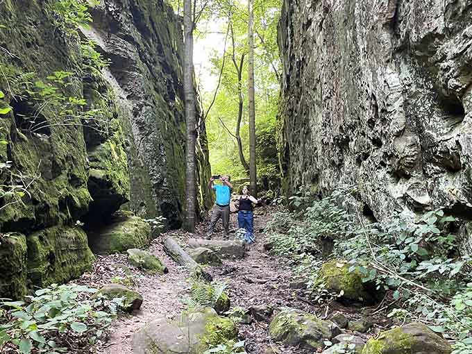 Exploring narrow rock passages together creates memories and tests whether your hiking partners are truly adventure-ready.