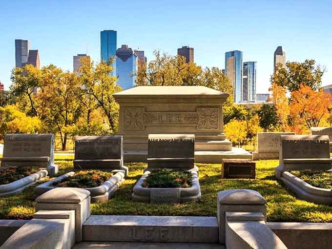 The Lee family plot with downtown Houston rising behind it perfectly captures how this cemetery bridges past and present seamlessly.