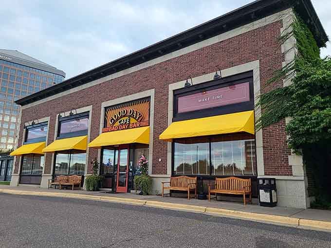 The brick exterior and welcoming benches outside promise the kind of breakfast experience worth waiting for on weekends.