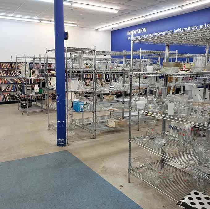 Metal shelving units displaying household treasures in an organized fashion that would make Marie Kondo genuinely proud.