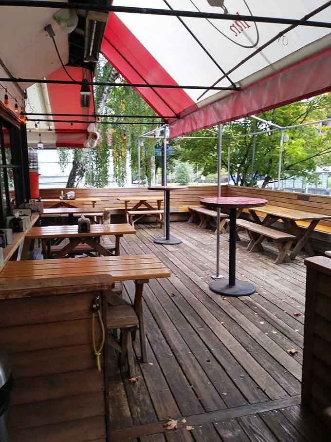 The outdoor patio offers fresh air and picnic table seating for those rare sunny Portland days.