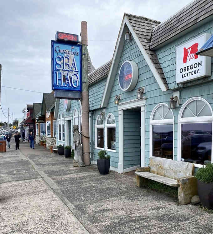The charming coastal architecture and prominent signage make this a Highway 101 landmark you can't miss.