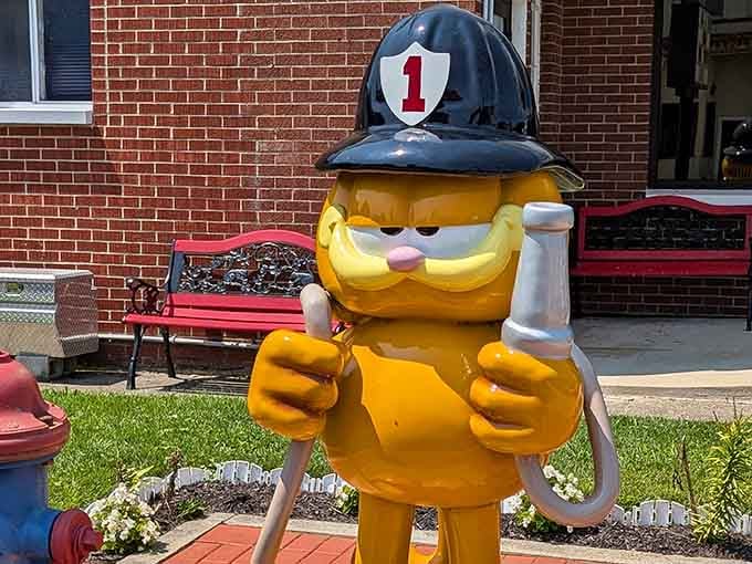 Firefighter Garfield bravely holds the hose, ready to save the day between scheduled nap times obviously.