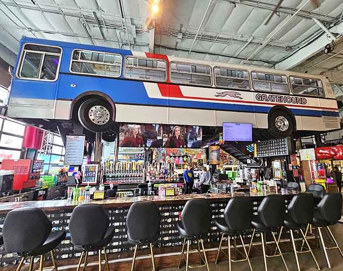 A full Greyhound bus suspended above the bar area makes you do a double-take and question physics.