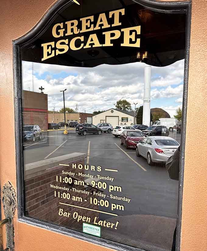 Those hours posted on the mirror mean you've got plenty of time to plan your paranormal dining adventure.