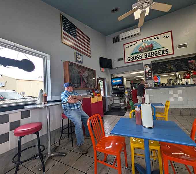 The American flag hanging proudly reminds you that great burgers are as American as it gets, friends.