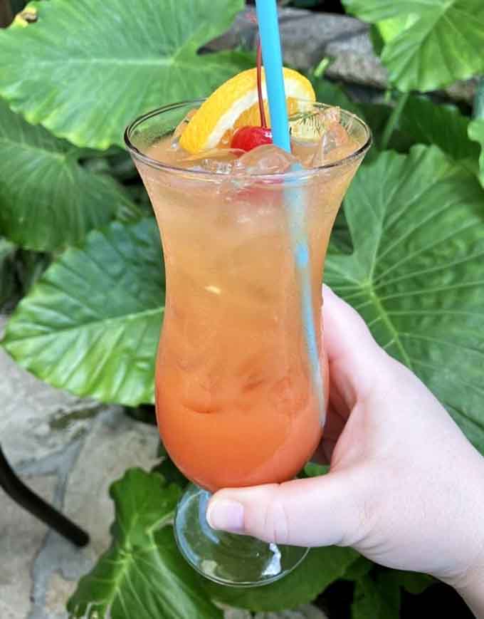 A tropical cocktail garnished with fruit against lush greenery, vacation mode activated with one sip guaranteed.