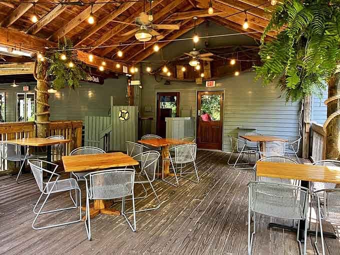 The covered patio lets you dine outdoors while staying comfortable, rain or shine, any season works.