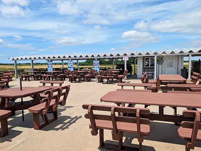 Outdoor seating stretches across a generous patio, perfect for those days when Missouri weather decides to cooperate beautifully.