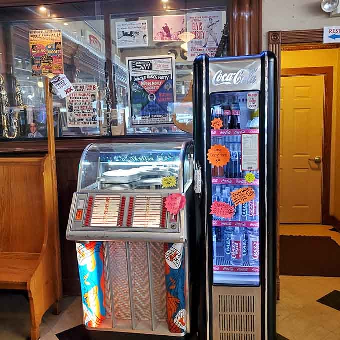 A genuine jukebox stands ready to soundtrack your meal with the greatest hits of rock and roll's golden age.