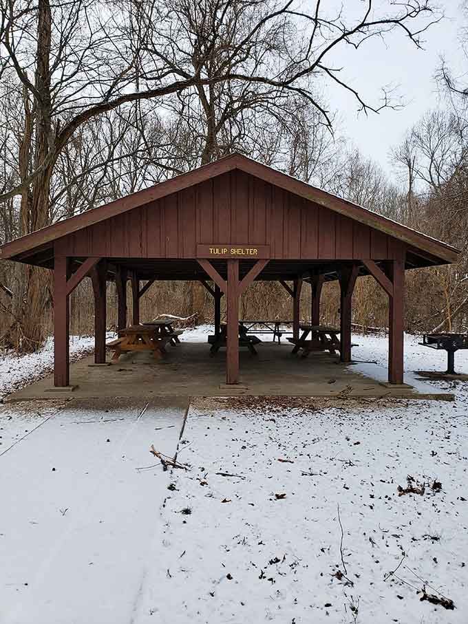 The Tulip Shelter provides covered picnic areas for those inevitable Indiana weather surprises and post-ride group gatherings.