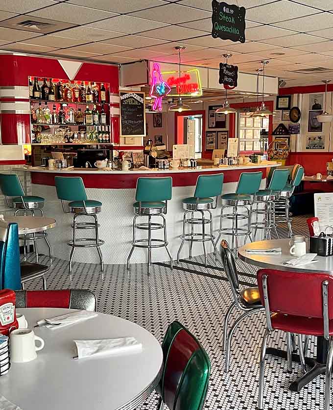The view from the counter shows a space where every detail contributes to that authentic diner magic.