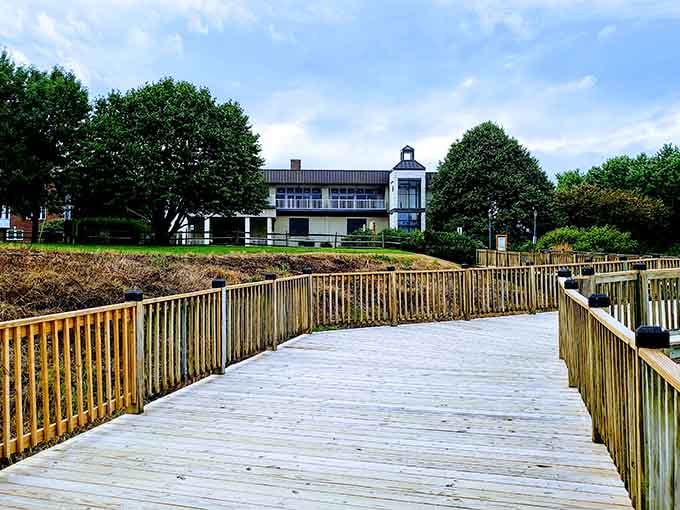The waterfront boardwalk offers perfect views where real ducks swim near their wooden counterparts.