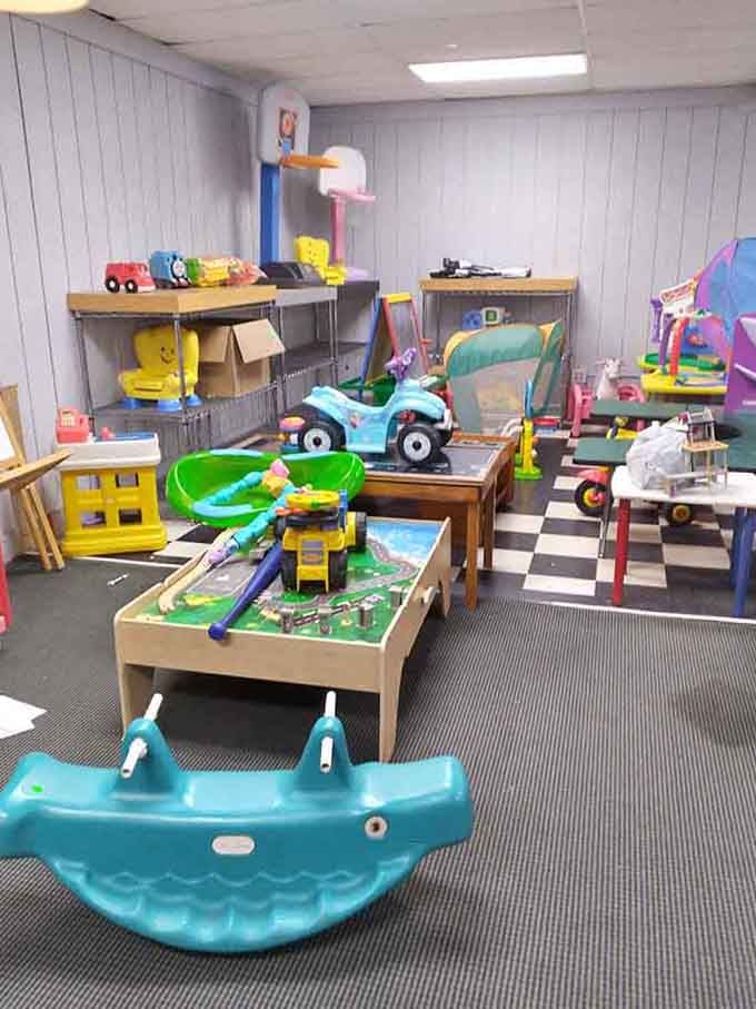 The children's play area features toys and ride-ons that'll keep kids entertained while parents celebrate their savings.