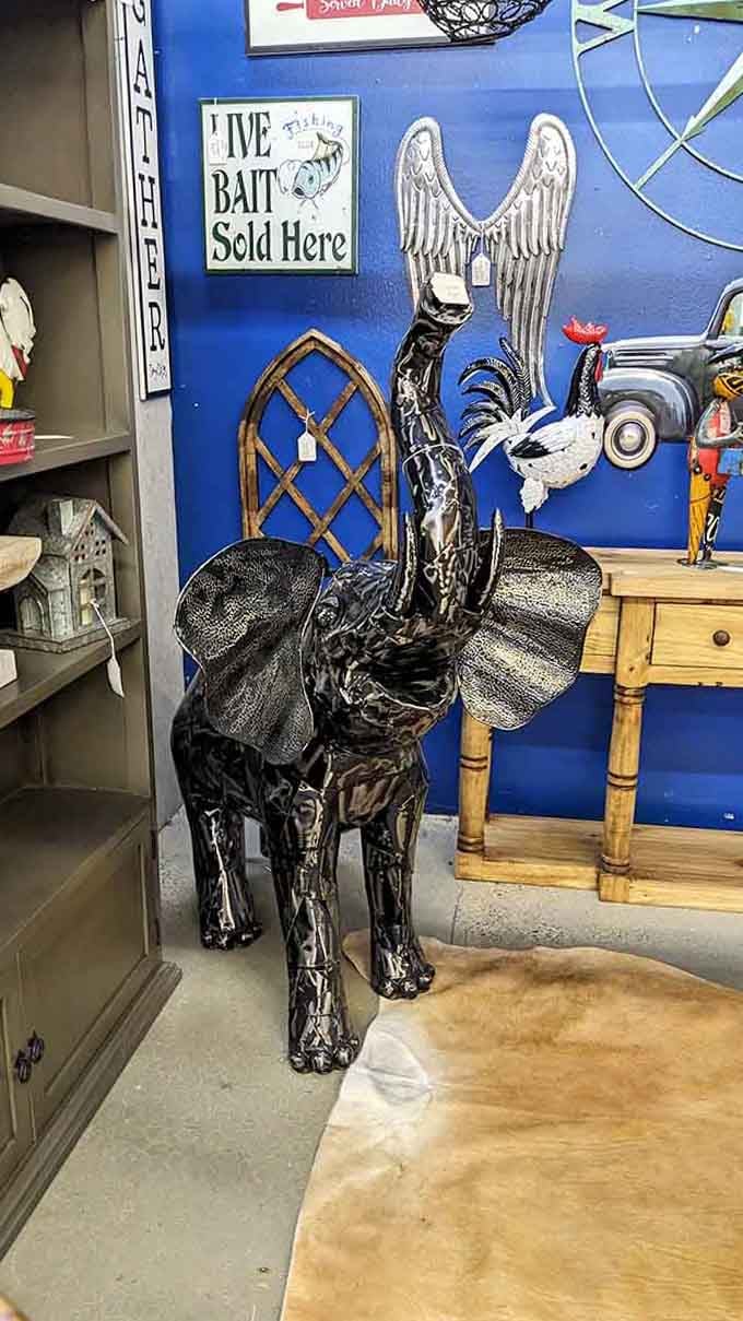 This metal elephant sculpture is either whimsical yard art or your new conversation piece, no in-between allowed here.