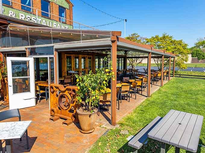The outdoor seating area proves that dining al fresco reaches peak perfection along the Susquehanna River.
