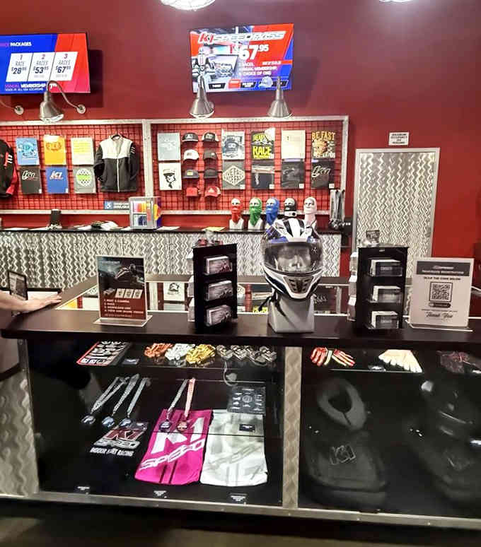 Merchandise counter selling everything you need to look like a racer, even if your lap times suggest otherwise.