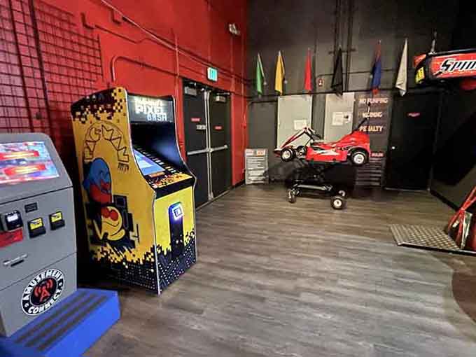 Classic arcade games provide the perfect cool-down activity after racing, though your heart rate might disagree with that assessment.