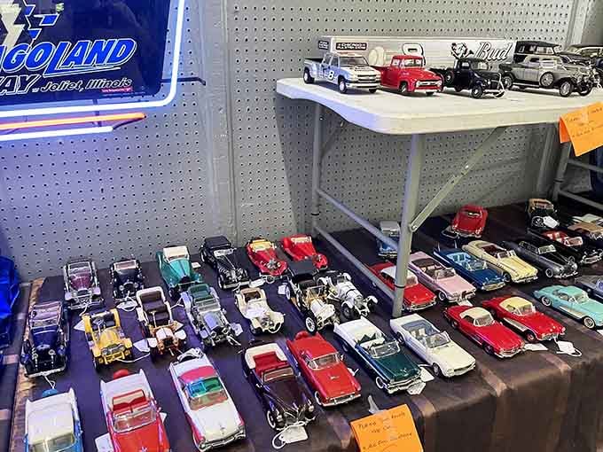 Miniature car collections gleam in perfect rows, making grown adults remember when toys were the most important things in life.