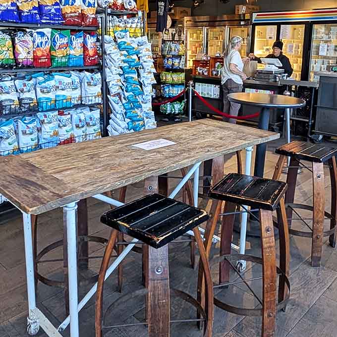 Rustic wooden tables and high-top seating create the perfect spot to tackle your towering sandwich challenge.