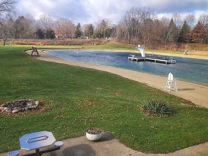 The diving platform beckons from across the water, daring you to show off your best cannonball skills.