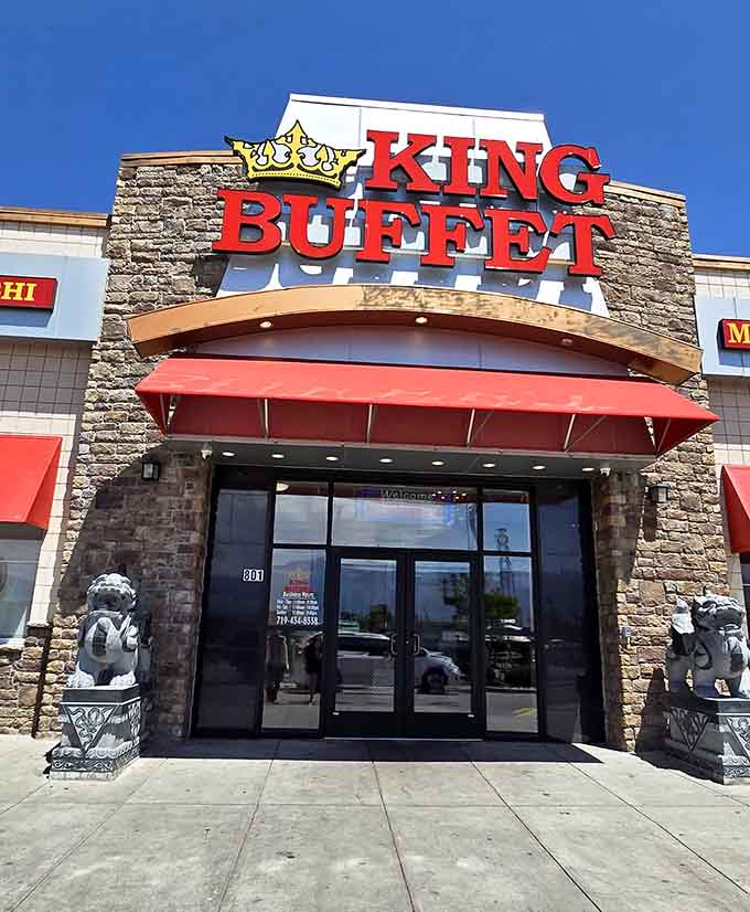 That bold red signage announces exactly what awaits inside: a kingdom of unlimited food and zero regrets ahead.