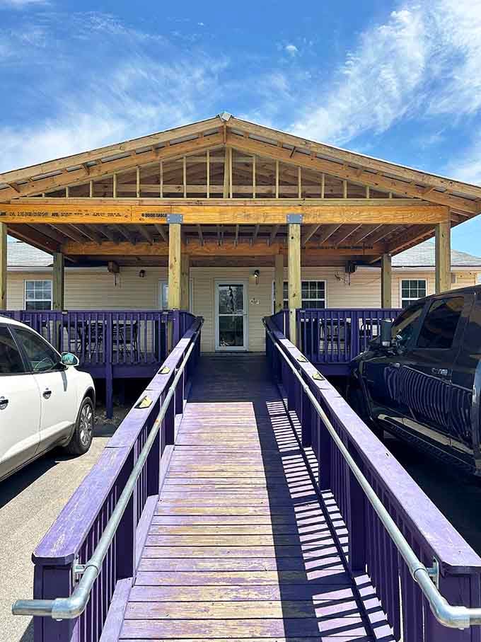 That purple walkway leads you straight to some of the best Cajun food in the entire state.