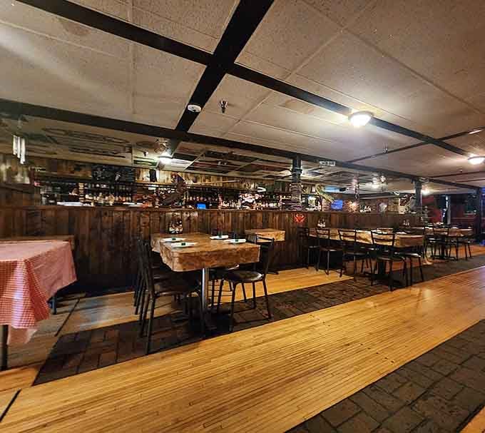 Long communal tables and wooden booths invite lingering conversations over plates of gumbo and glasses of sweet tea.