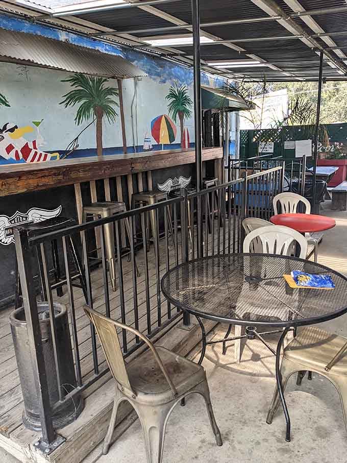 The outdoor patio offers fresh air dining with beach-themed murals, bringing coastal vibes to Gold Country.