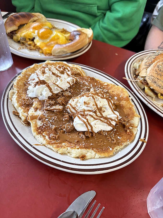 Pancakes drizzled with what looks like Biscoff spread, proving innovation and tradition can absolutely coexist beautifully.