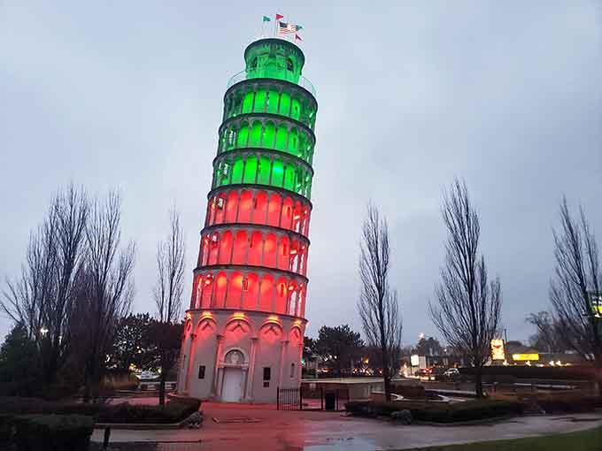Holiday lights transform it into the world's most festive leaning landmark every December season.