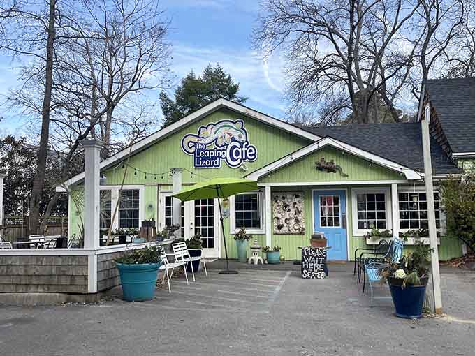 The exterior welcomes you with turquoise planters and string lights, promising good times before you even walk in.