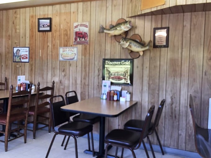 Mounted fish and vintage signs create dining room decor that's authentic because it actually is, not because designers planned it.