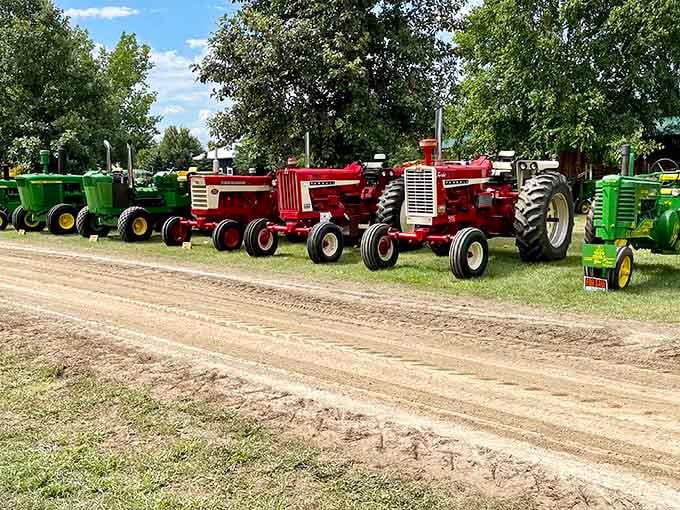 Rows of vintage tractors tell the story of agricultural evolution, from backbreaking labor to slightly less backbreaking mechanized labor.