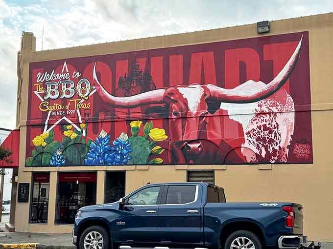 This vibrant mural celebrates Lockhart's official title as BBQ Capital of Texas, earned through decades of deliciousness.